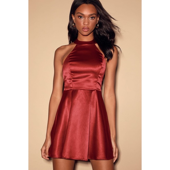 Lulus | Dresses | Lulus Satin Halter Skater Dress Christmas Party ...